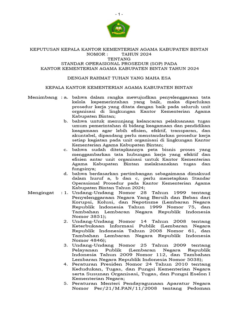 SK SOP Kemenag Bintan 2024 | PDF