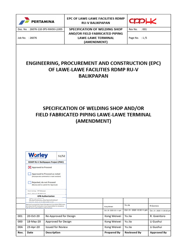 26076-110-3PS-NW00-L1005-001 Specification of Welding, Shop Andor Field ...