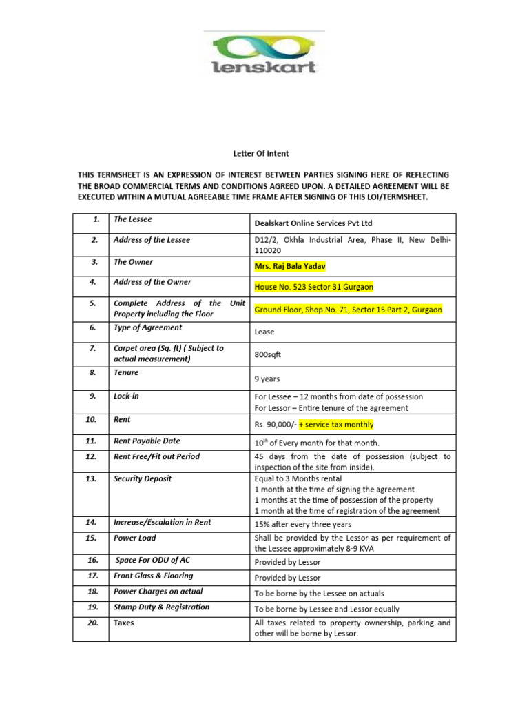 Standard LOI - 30.11.2016 GGN 15 | PDF | Lease | Renting
