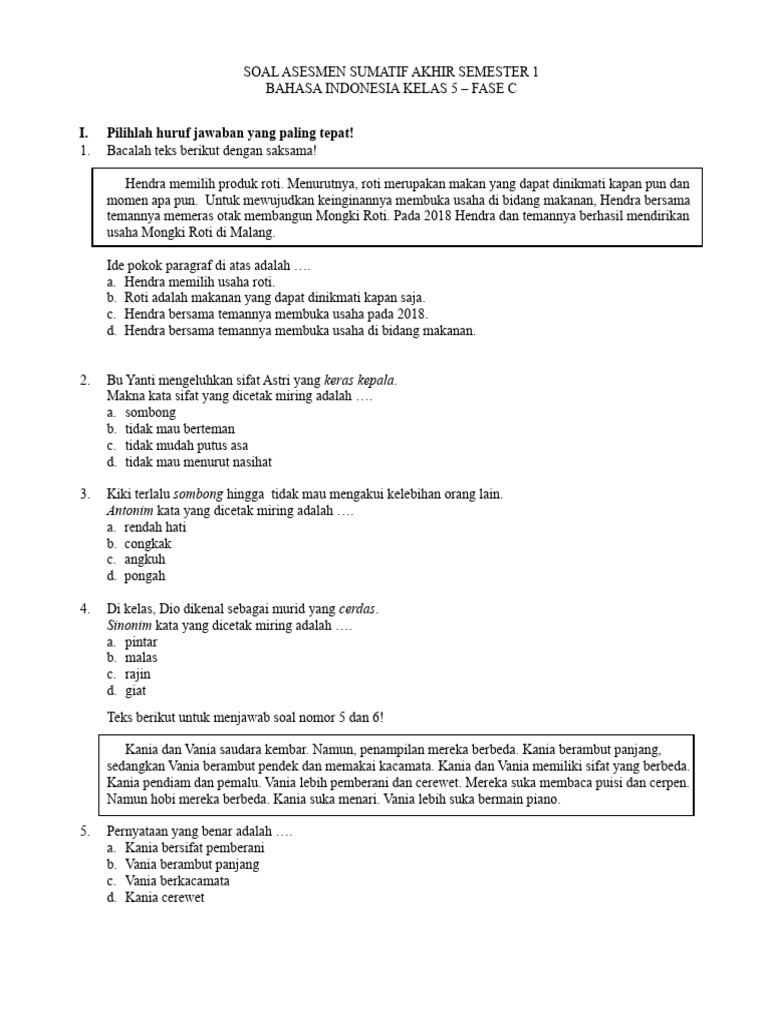 Soal Asesmen Sumatif Akhir Semester 1 Bindo KLS 5 | PDF | Griya & Taman