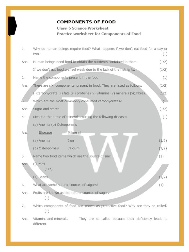 Components of Food Workshet | Download Free PDF | Foods | Dietary Fiber