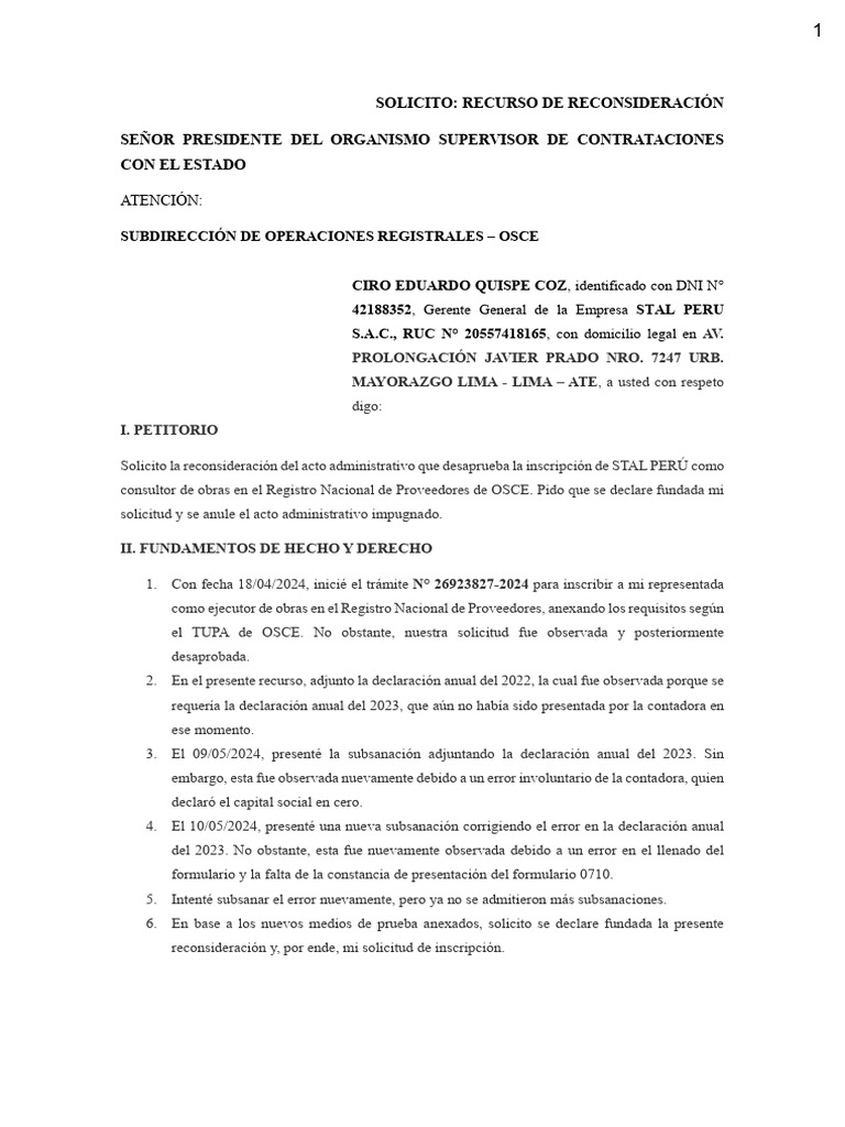 Recurso de Reconsideración OSCE | PDF | normas internacionales de INFORMACION FINANCIERA ...