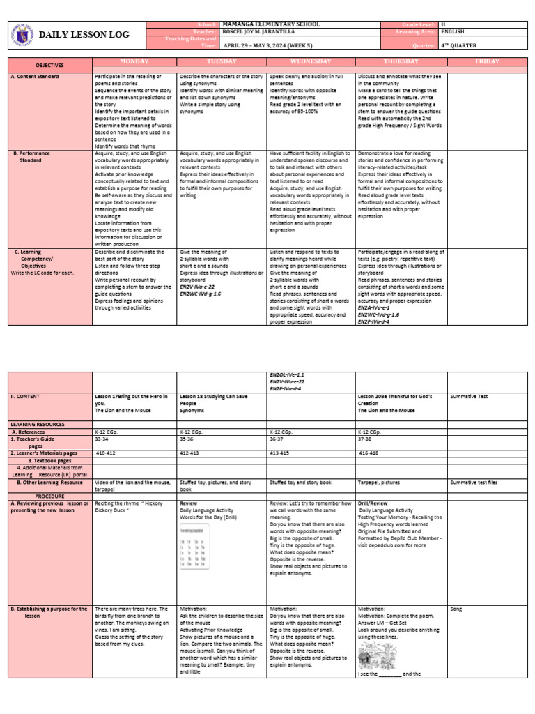 DLL - English 2 - Q4 - W5 | PDF | Vocabulary | English Language DLL - English 2 - Q4 - W5 | PDF | Vocabulary | English Language