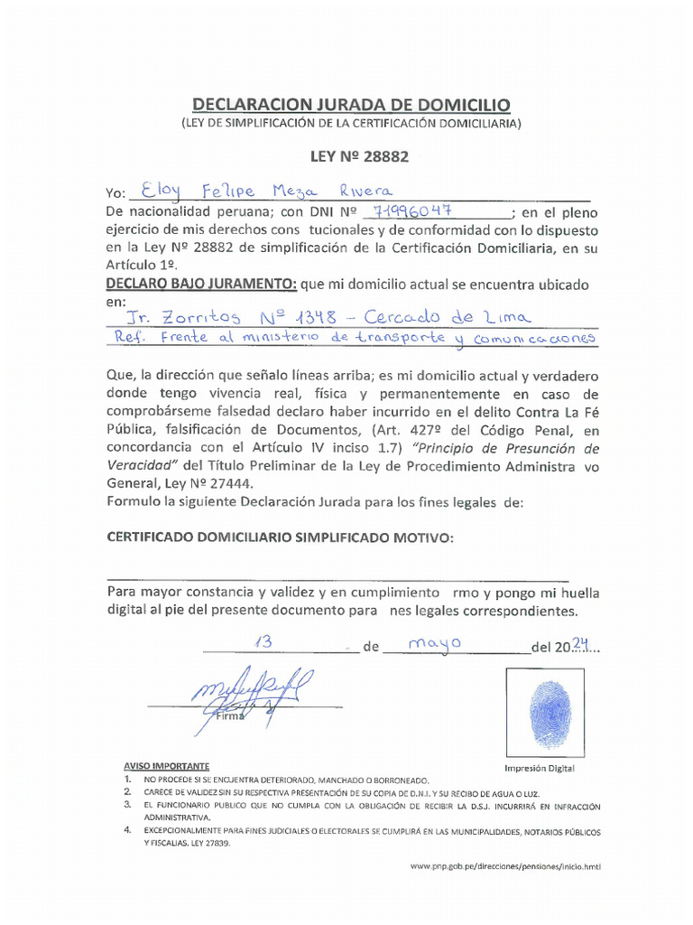 Declaración Jurada Simple de Domicilio | PDF