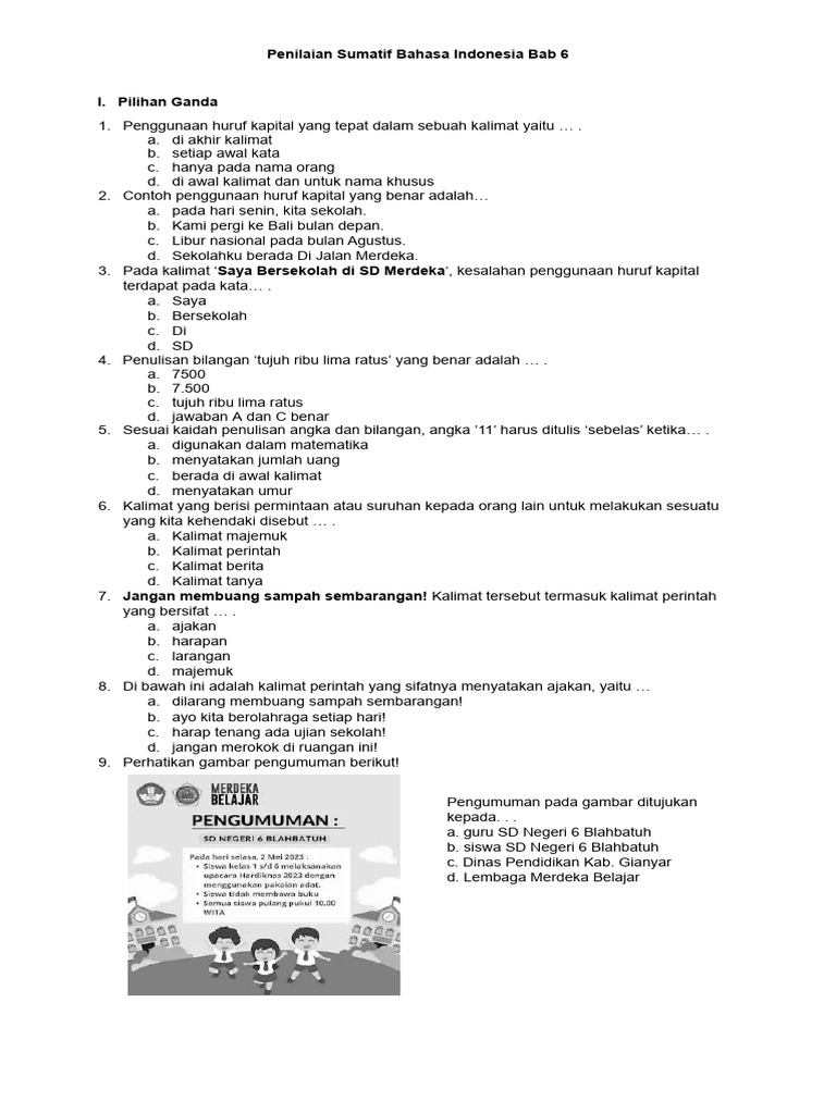 Penilaian Sumatif Bahasa Indonesia Bab 6 Kelas 5 | PDF