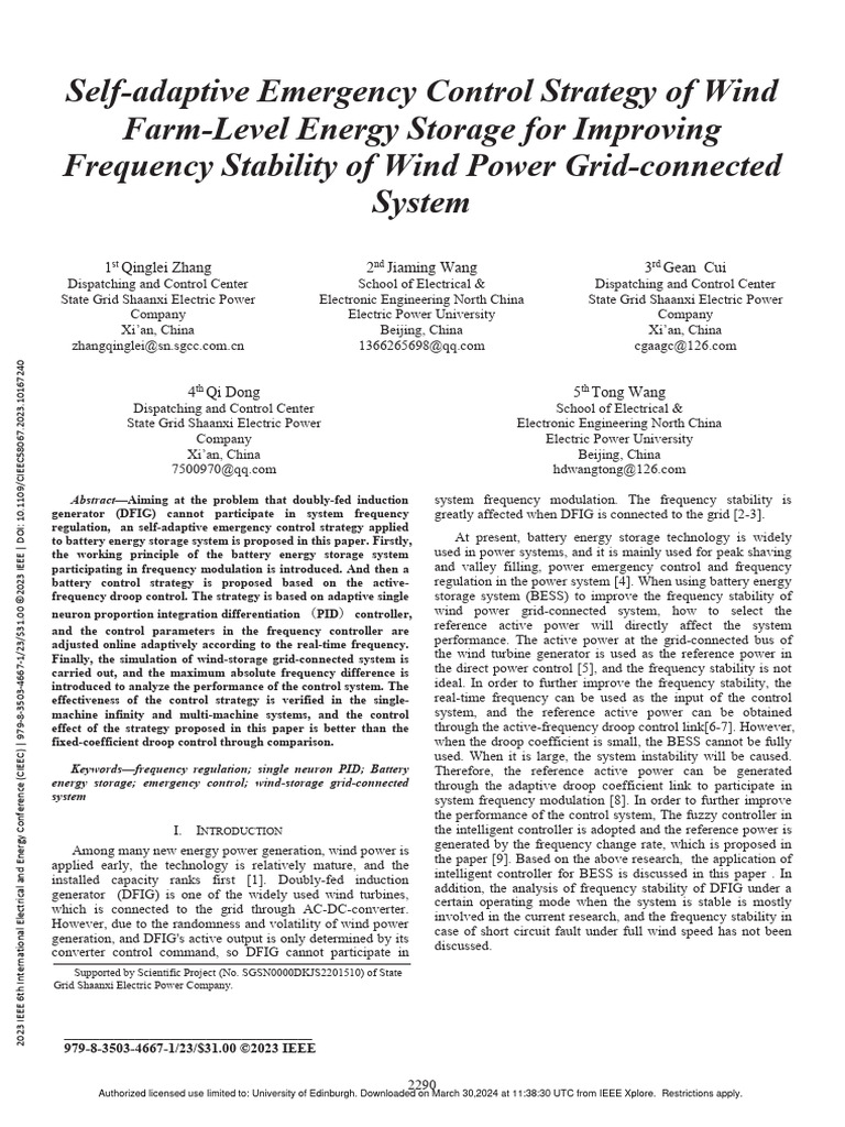 Self-Adaptive Emergency Control Strategy of Wind Farm-Level Energy Storage For Improving ...