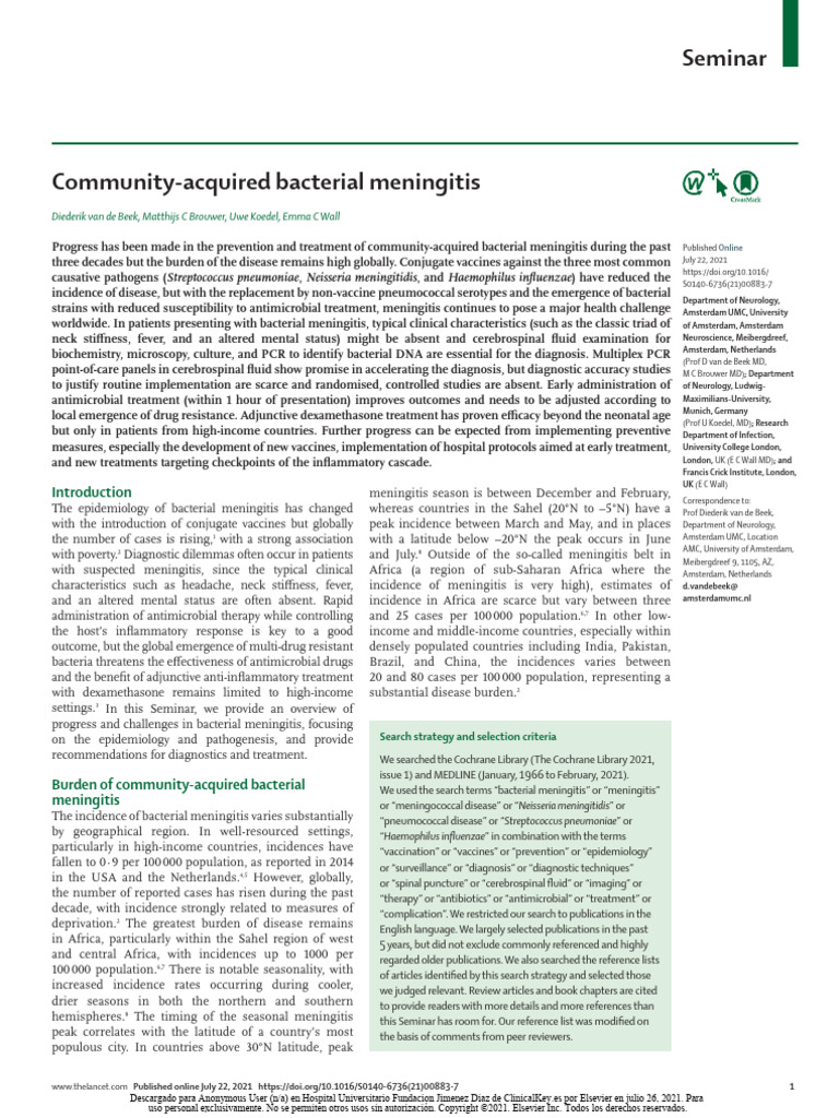 Community Acquired Bacterial Meningitis Diederik Van de Beek, Matthijs ...