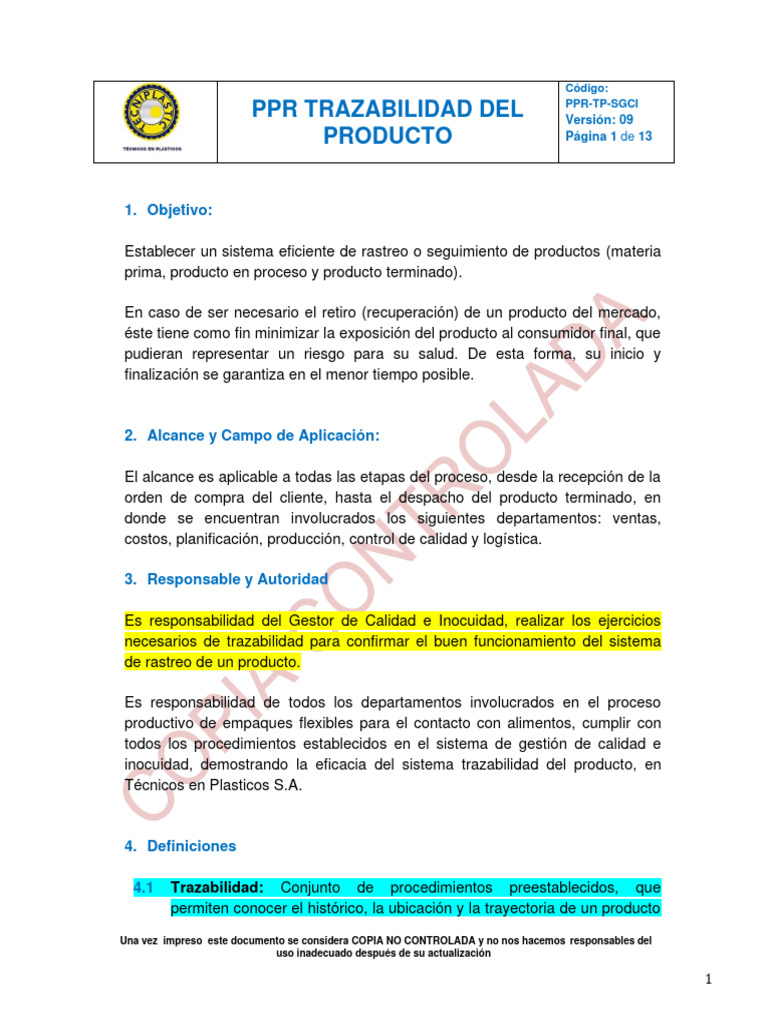 PPR - Trazabilidad VR.9-2022 | PDF | Calidad (comercial) | Logística