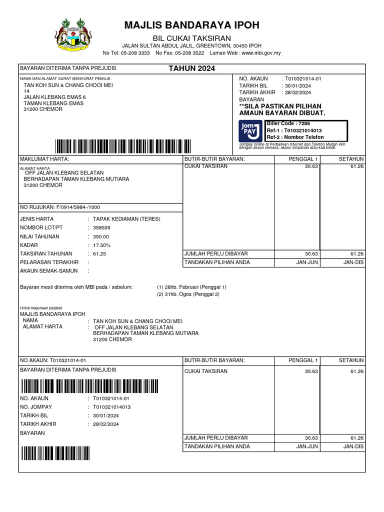 Majlis Bandaraya Ipoh: Bil Cukai Taksiran | PDF