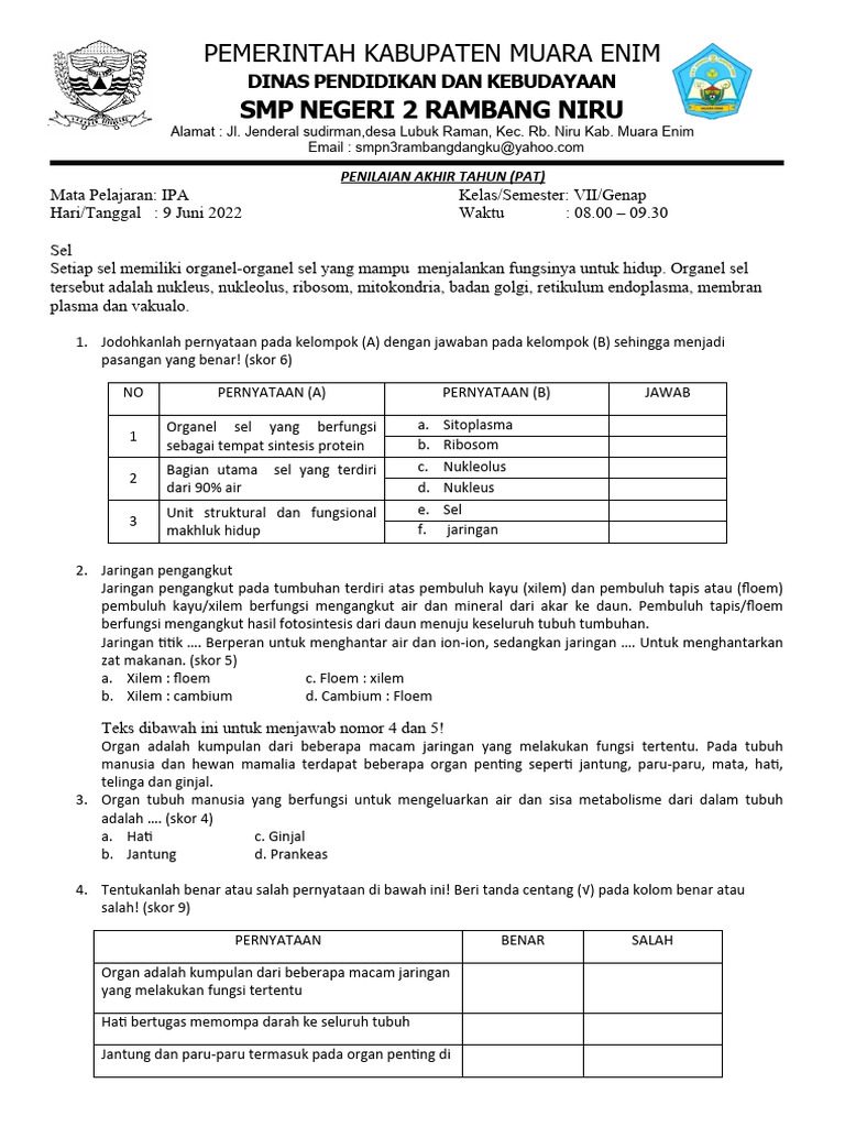 Ujian IPA Kelas VII: Sel, Ekosistem, dan Lingkungan | PDF