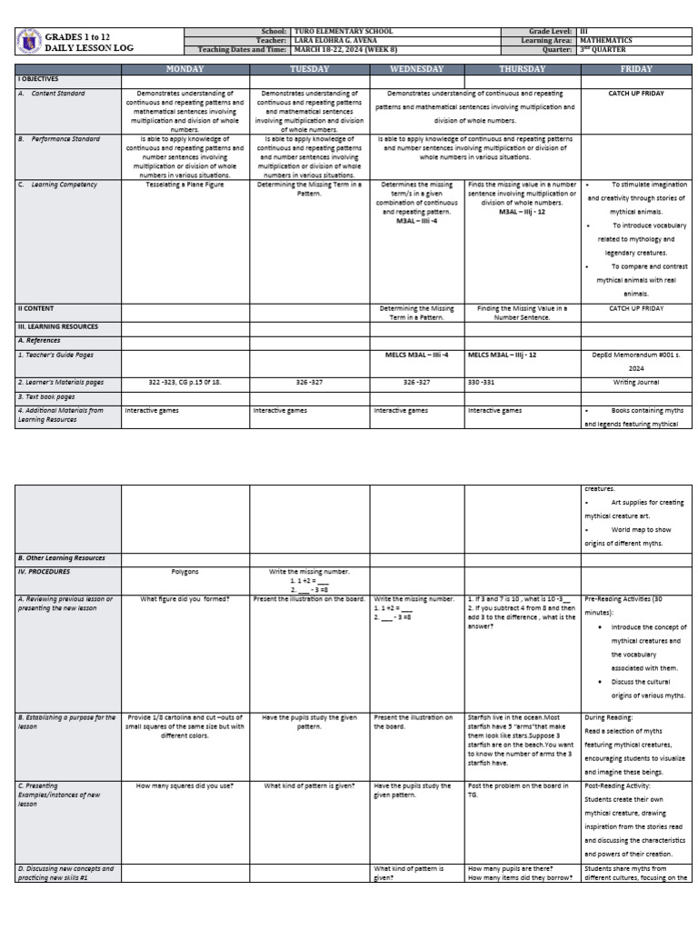 DLL Mathematics 3 q3 w8 | PDF | Learning | Cognition