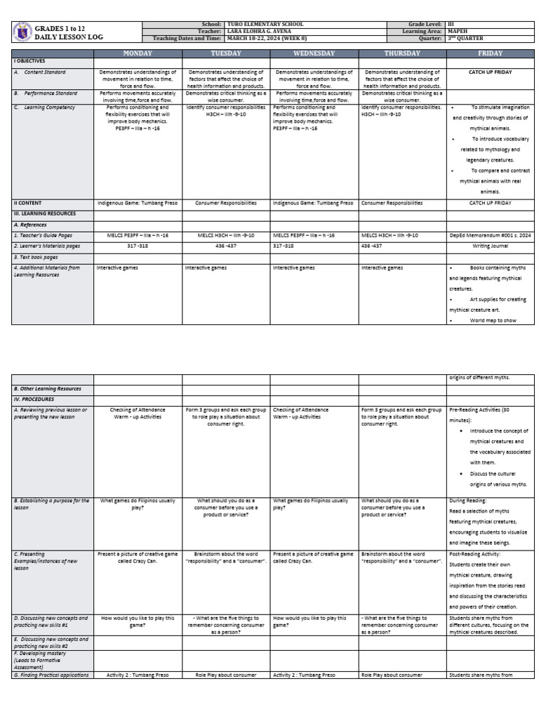 DLL - Mapeh 3 - Q3 - W8 | PDF | Learning | Cognitive Science