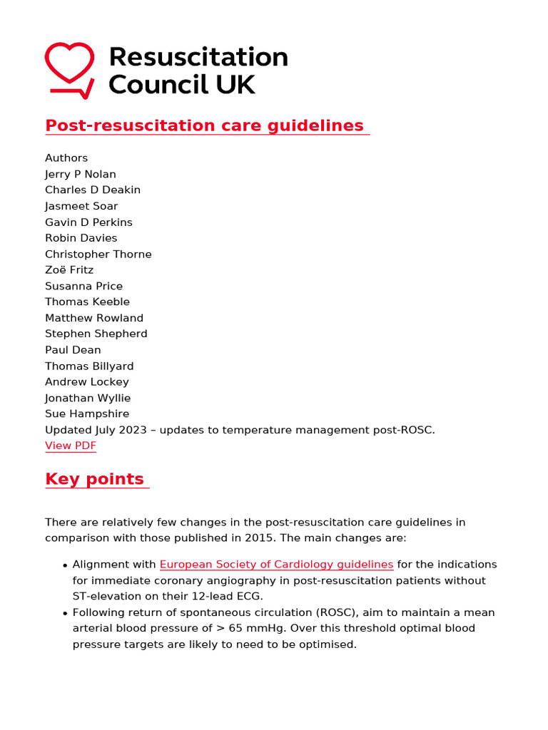Post-Resuscitation Care Guidelines | PDF | Breathing | Cardiac Arrest