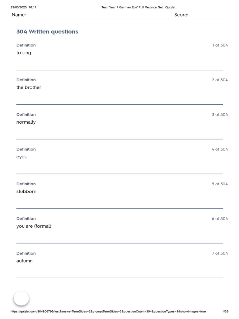 Test_ Year 7 German EoY Full Revision Set _ Quizlet | PDF