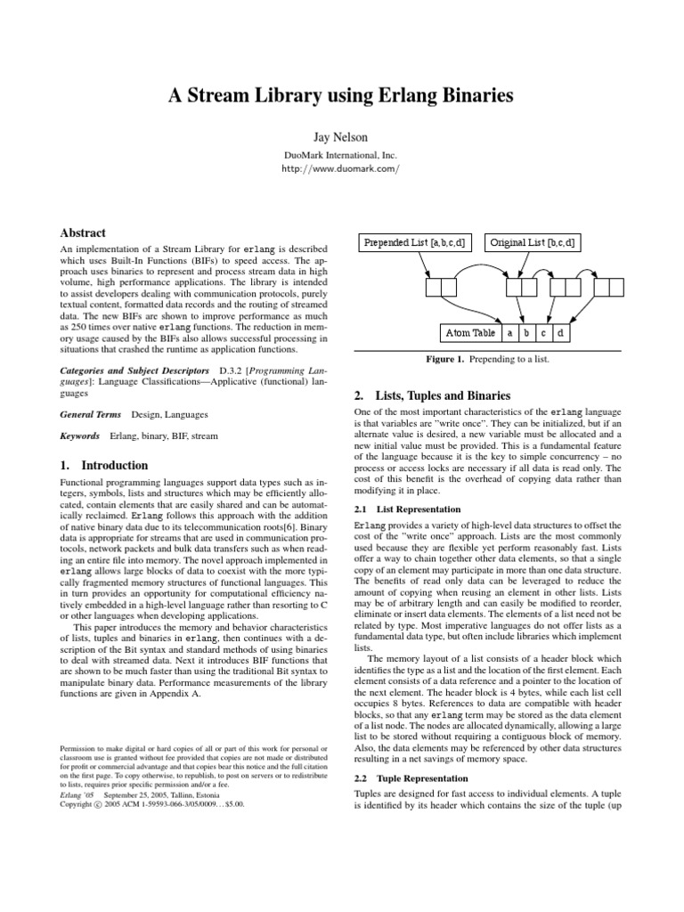A Stream Library Using Erlang Binaries | PDF | Pointer (Computer Programming) | Data Compression