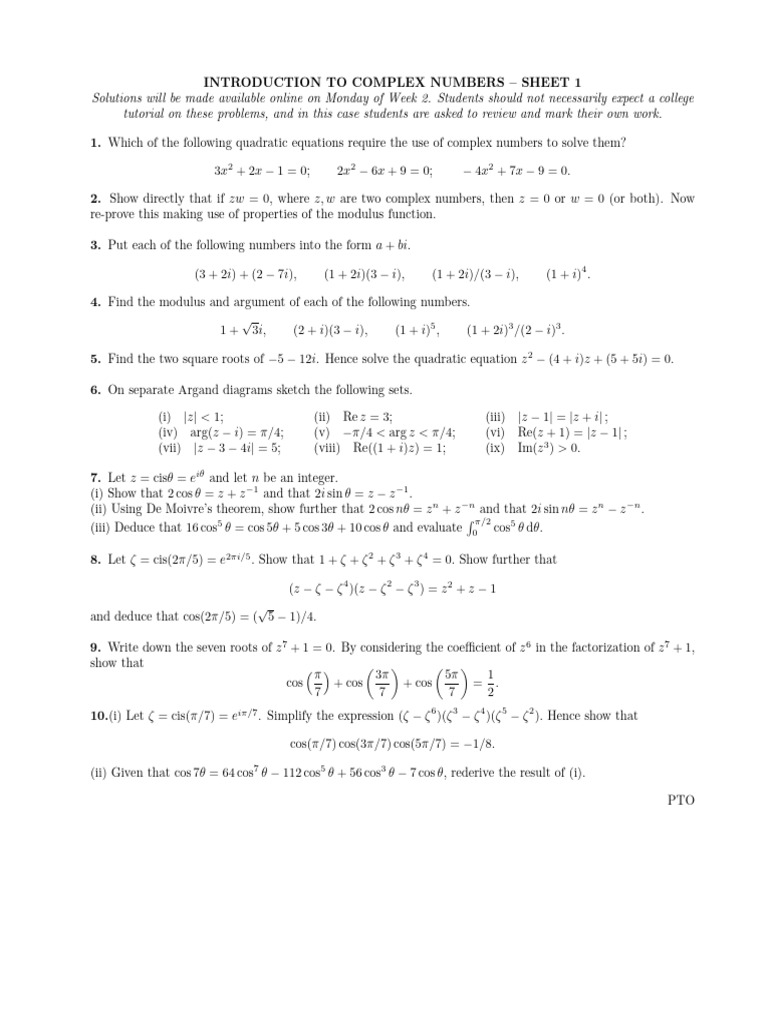 problem_sheet | PDF | Complex Number | Quadratic Equation