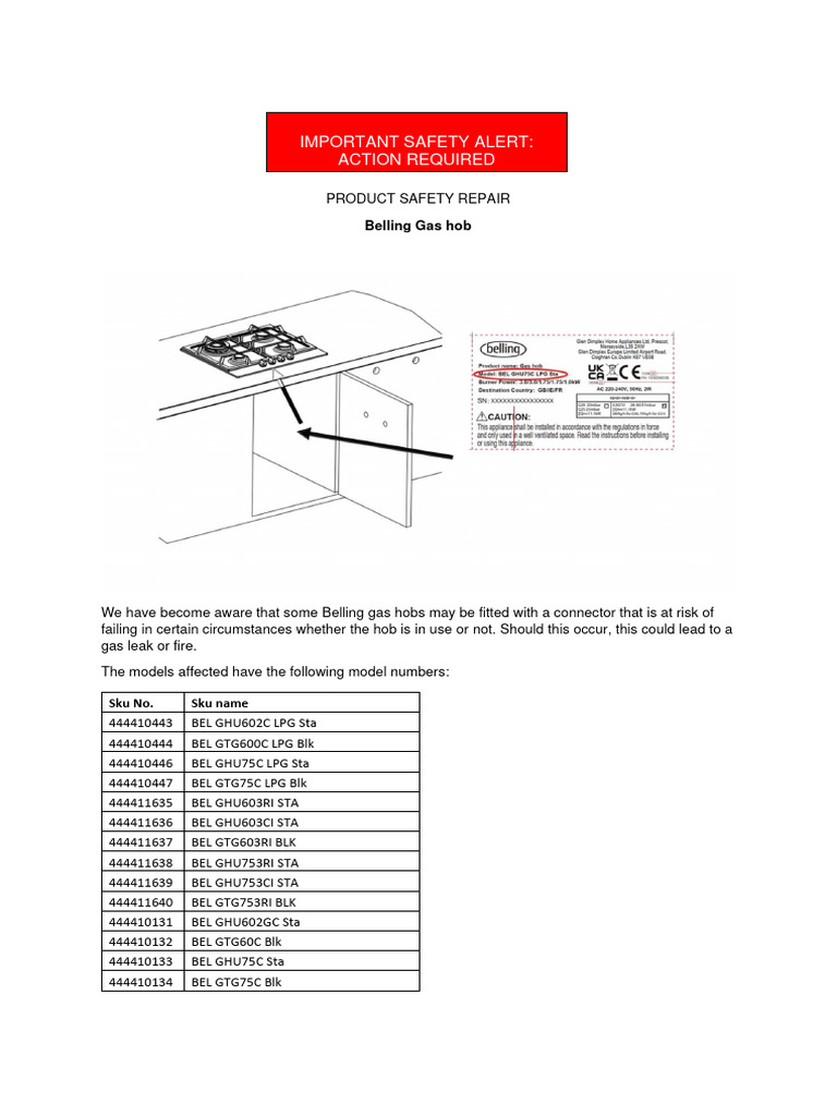 Belling Gas Hob Urgent Safety Notice 04.09.23 | PDF | Liquefied ...