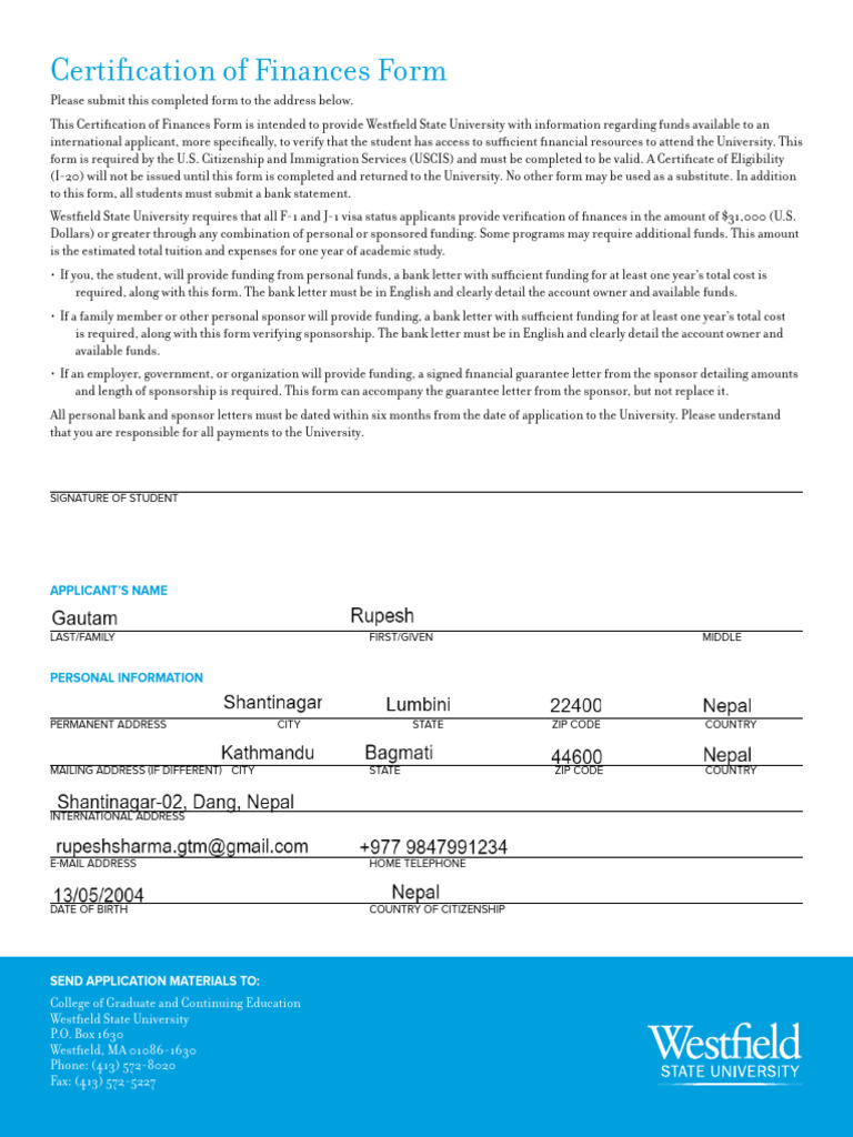 Certification of Finances Form CGCE WEB | PDF
