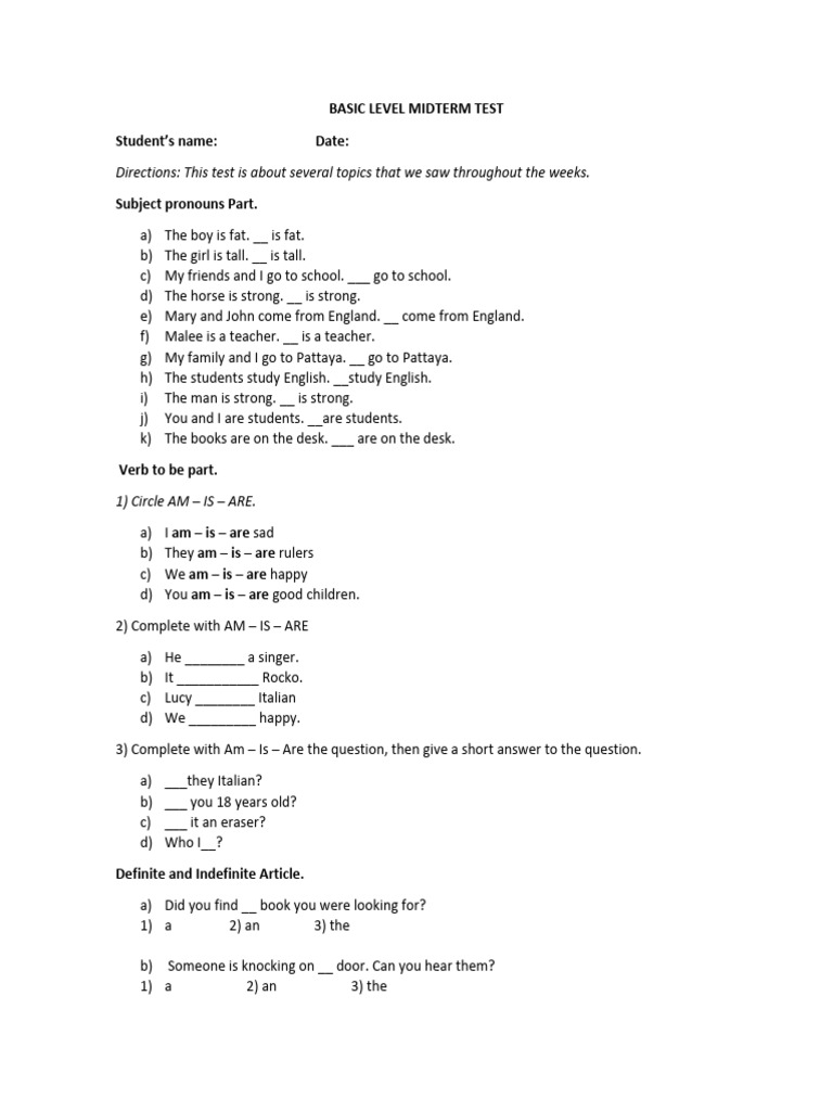 BASIC LEVEL MIDTERM TEST | PDF | English Language | Linguistic Typology