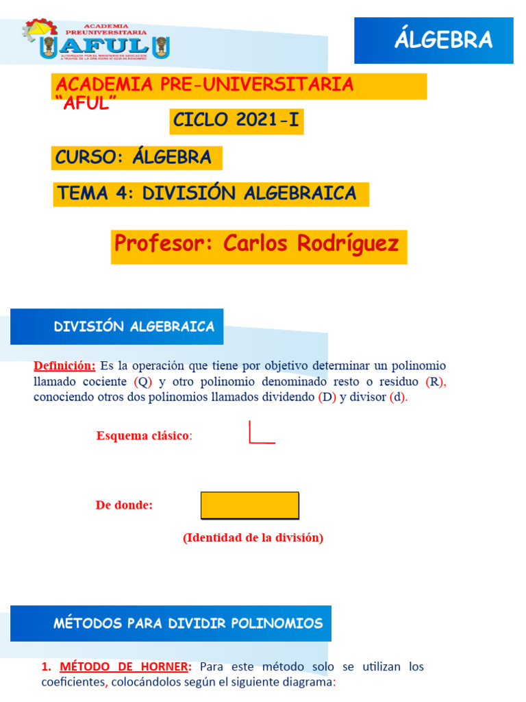 Álgebra pre - u tema 4_a30cd96fae2231161a25e1555c2cd2d1 | PDF | División (Matemáticas) | Álgebra