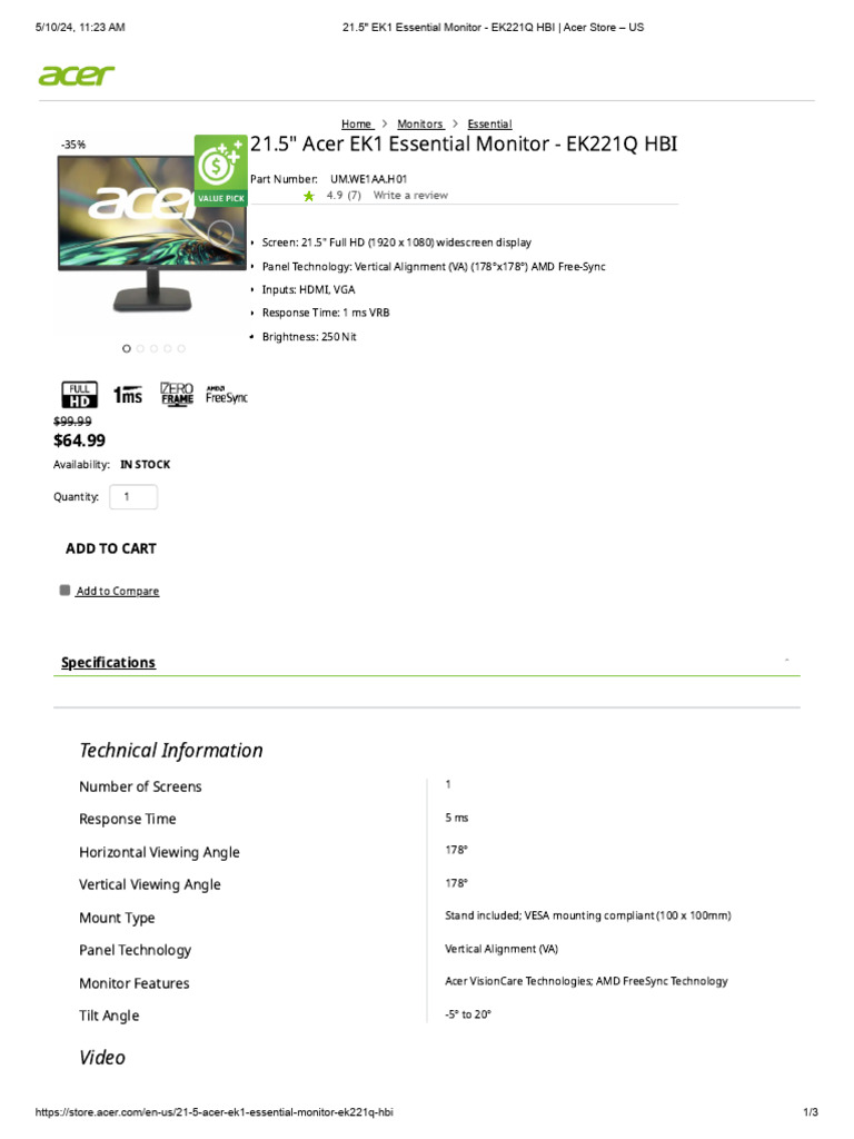 21.5 - EK1 Essential Monitor - EK221Q HBI - Acer Store - US | PDF ...