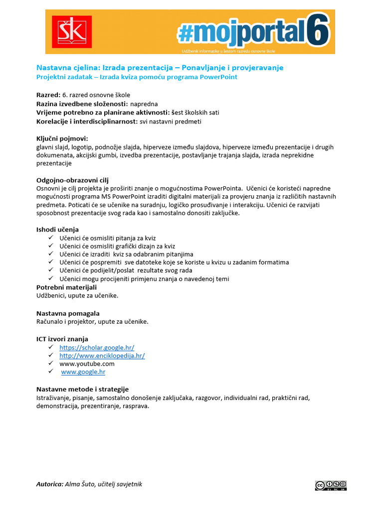 Projektni Zadatak 6.razred Izrada Kviza Prezentacija | PDF