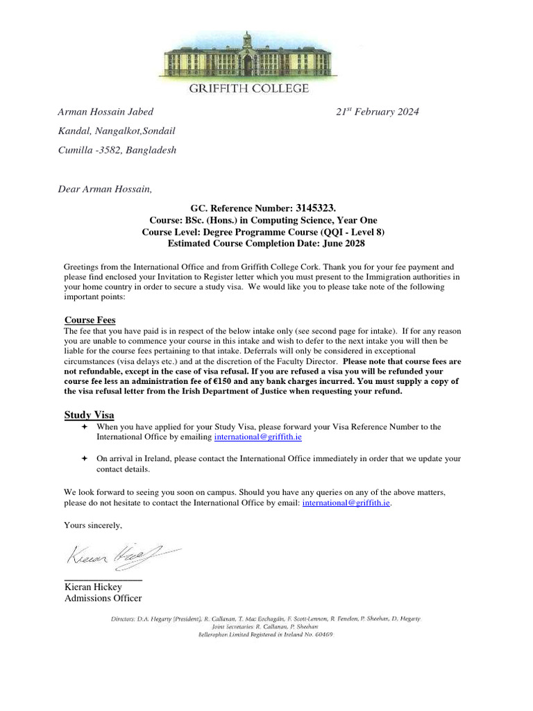 IVT Letter 3145323 Arman Sept 2024 Cork | PDF | Travel Visa