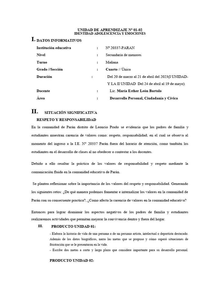 Unidad De Aprendizaje 01 02 Dpcc Cuarto Paran Pdf Aprendizaje 1740