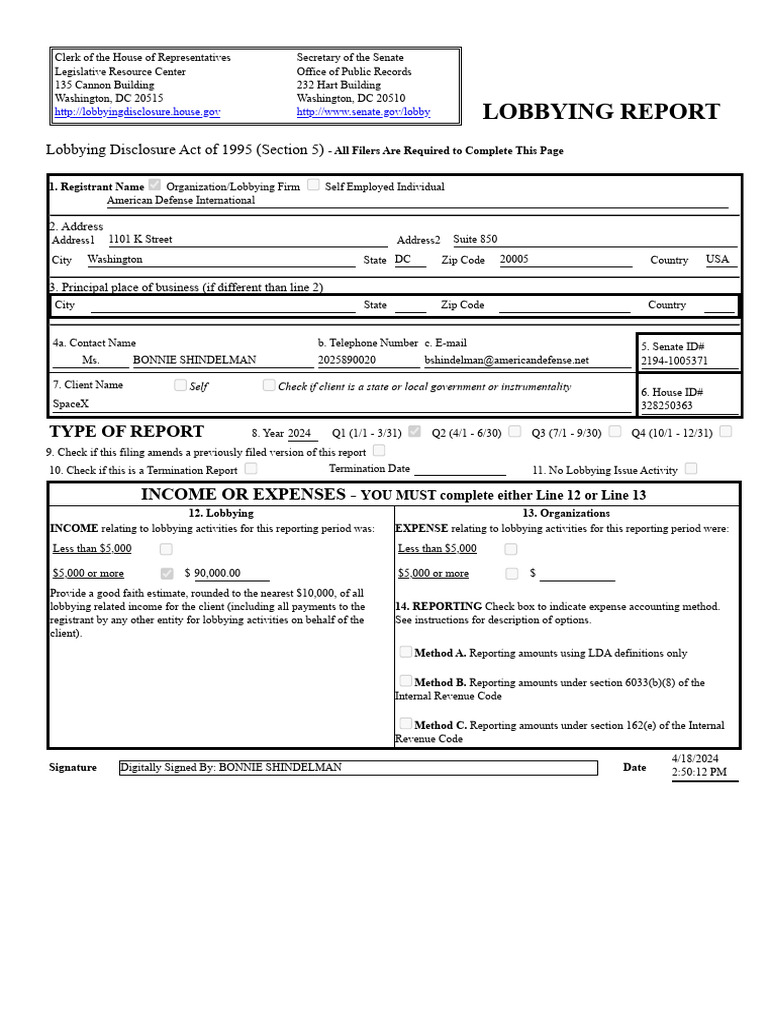 Lobbying Report for SpaceX 2024 | PDF | United States House Of ...
