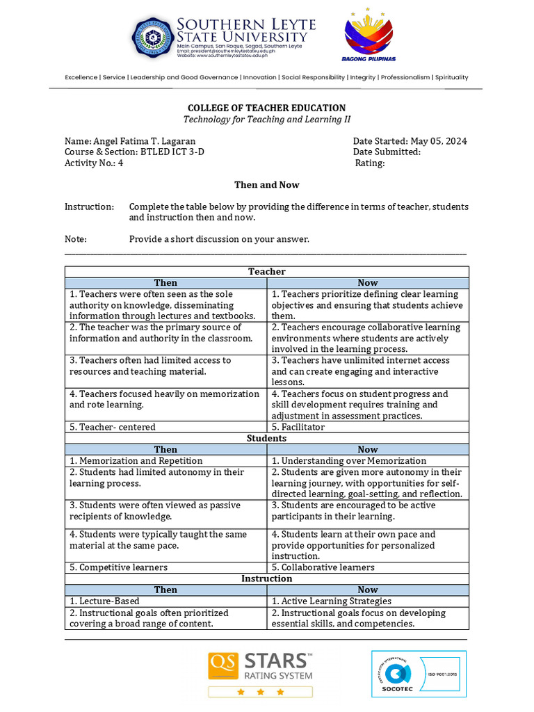 then and now lagaran | PDF | Teachers | Learning