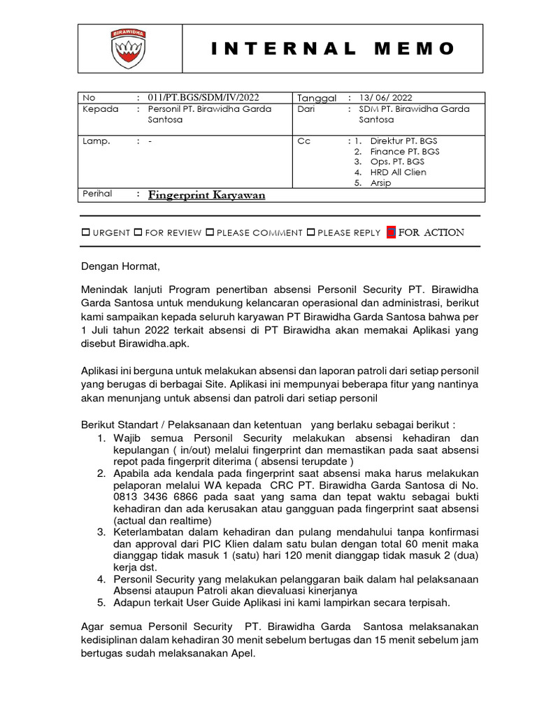 Internal Memo Penggunaan Aplikasi Absensi Dan Patroli Birawidha ...