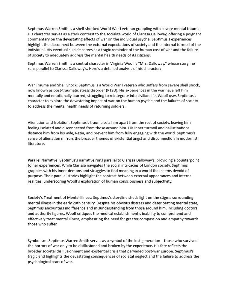 Septimus Warren Smith Is A Shell | Download Free PDF | Mrs Dalloway ...