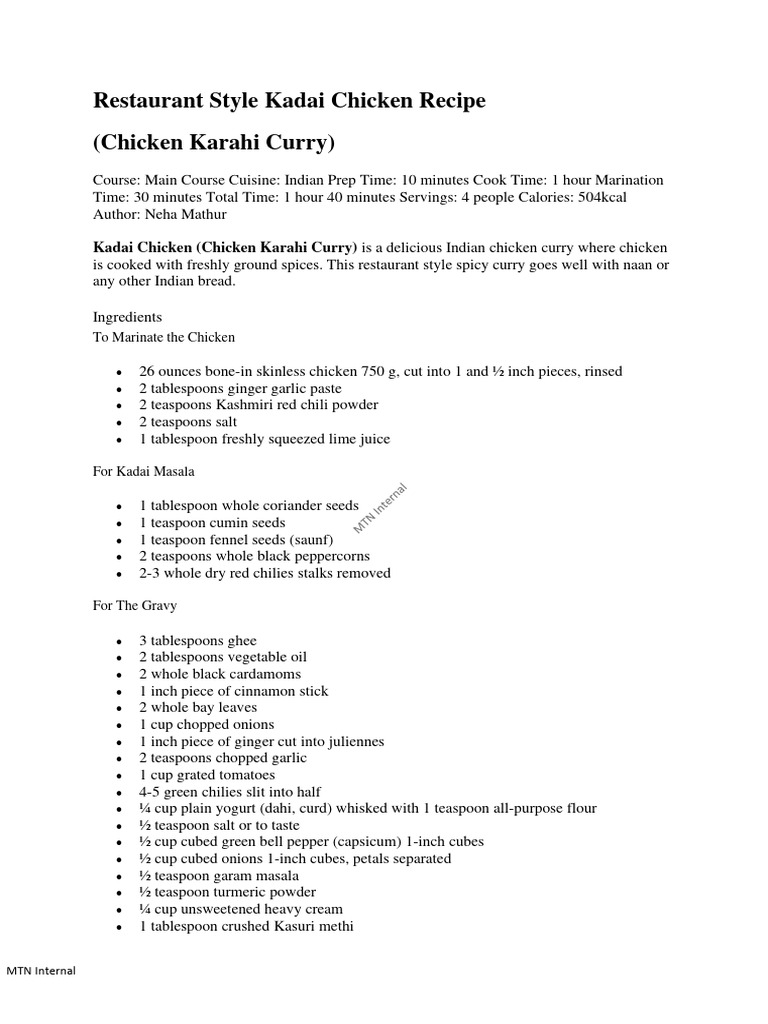Restaurant Style Kadai Chicken Recipe | PDF | Indian Cuisine | Curry