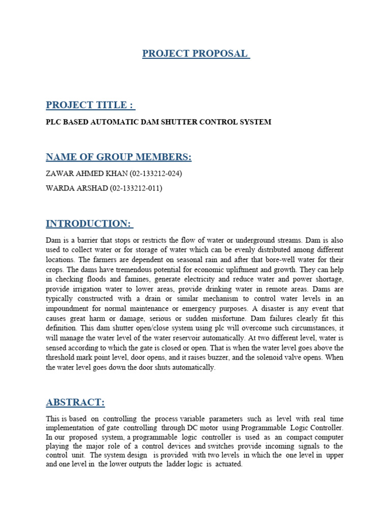 Project Proposal: PLC Based Automatic Dam Shutter Control System | PDF
