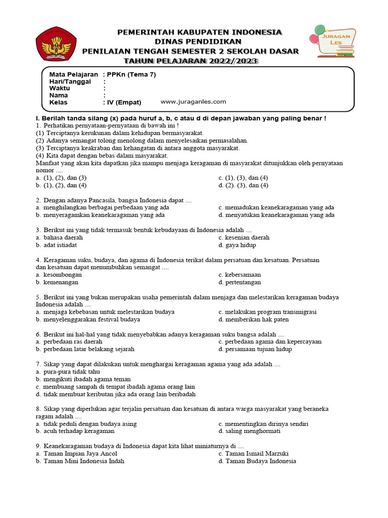 Soal Tema 7 Kelas 4 Semester 2 T.A 2022-2023 Mapel PPKN | PDF