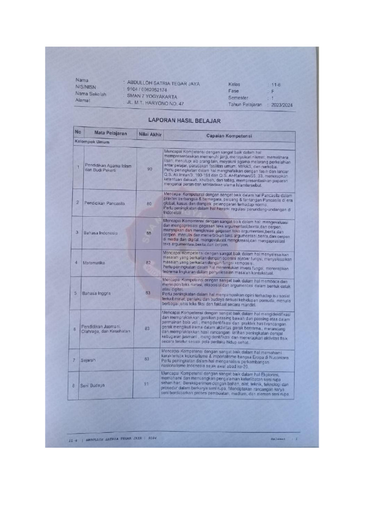 Foto Rapor Sem 1 Kls 11 | PDF