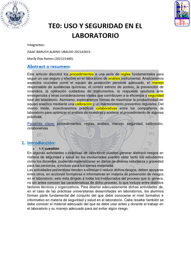 TE0 Uso y Seguridad en El Laboratorio Isaac Albino y Marily Diaz | Descargar gratis PDF ...