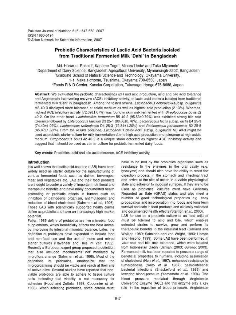 Probiotic Characteristics of Lactic Acid Bacteria Isolated From ...