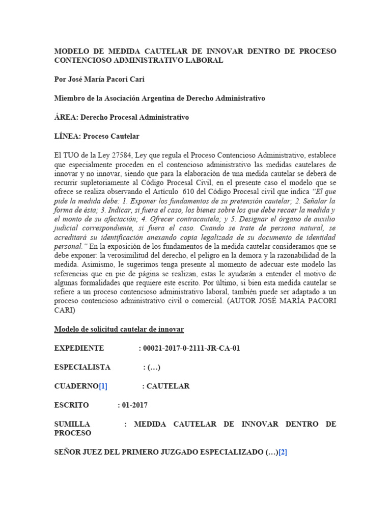 Modelo de Medida Cautelar de Innovar | PDF | Mandato | Judicaturas
