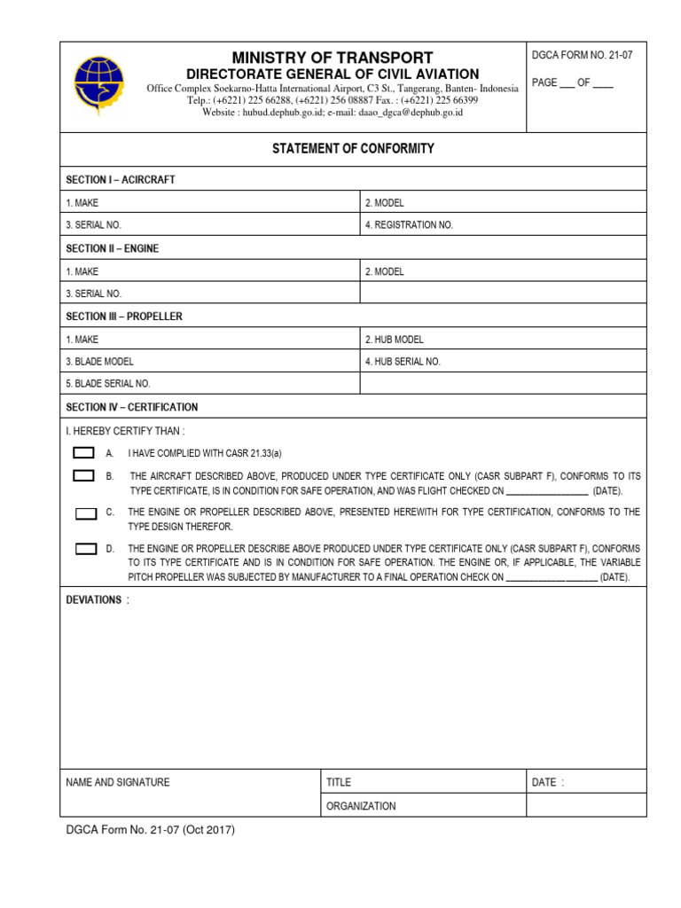 DGCA Form 21-07 Statement of Conformity - Oct 2017 | PDF | Technology ...