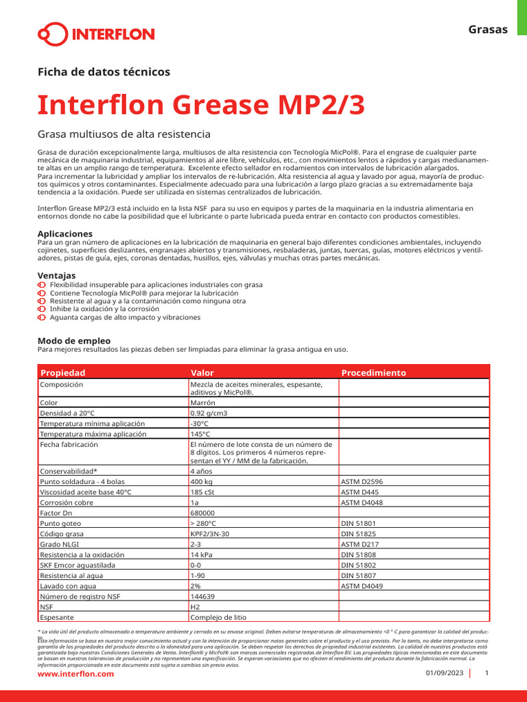 TDS ES Es Interflon Grease MP2 3 | PDF | Rodamiento (Mecánico) | Lubricante