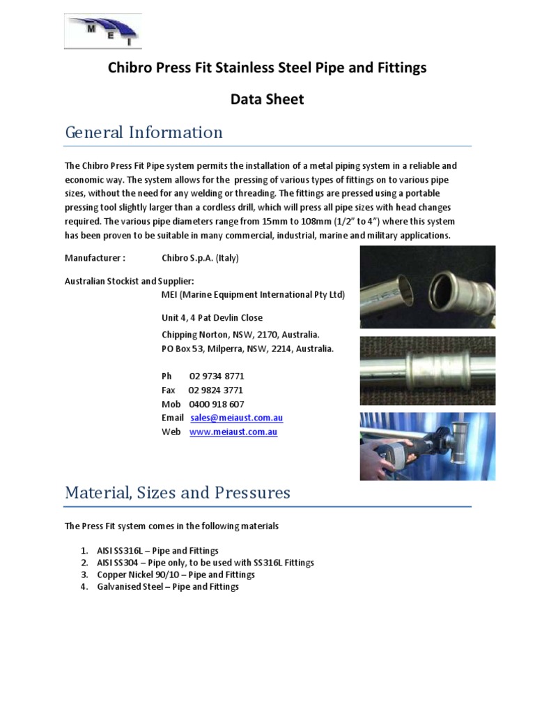 Chibro Press Fit Piping Data Sheet | PDF | Pipe (Fluid Conveyance ...
