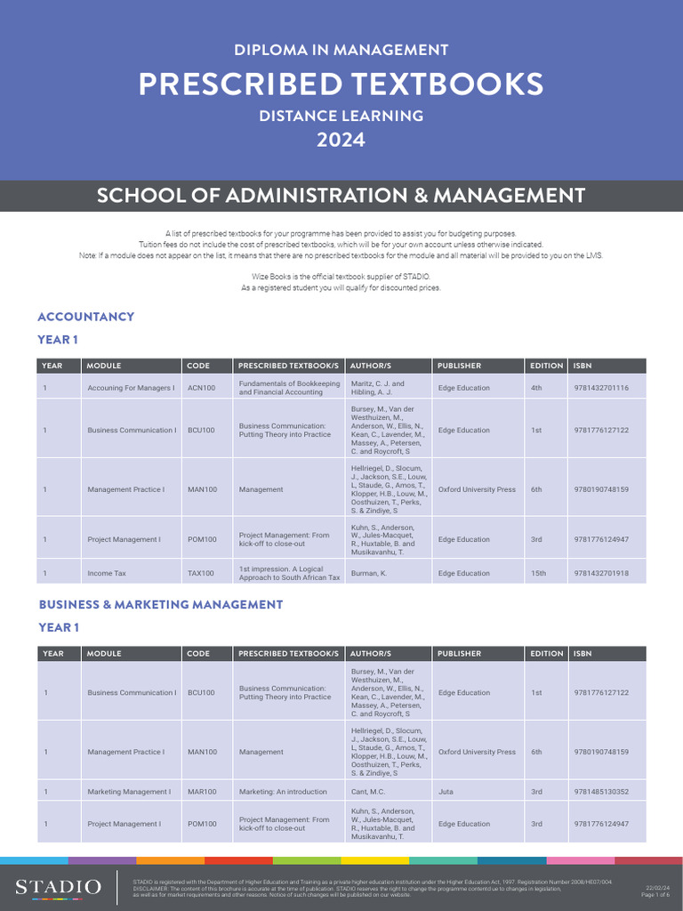 Stadio Soaam Dip in Management DL Textbooks 2024 Website | PDF ...