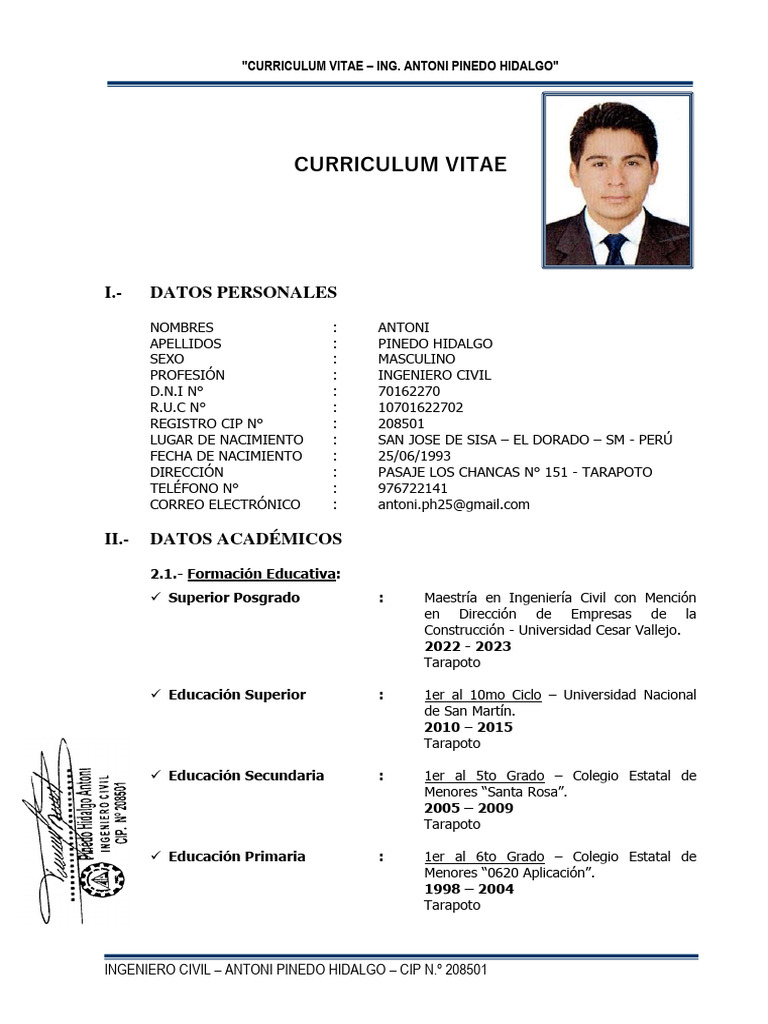 CV Ingeniero Civil Antoni Pinedo | PDF | Ingeniero civil