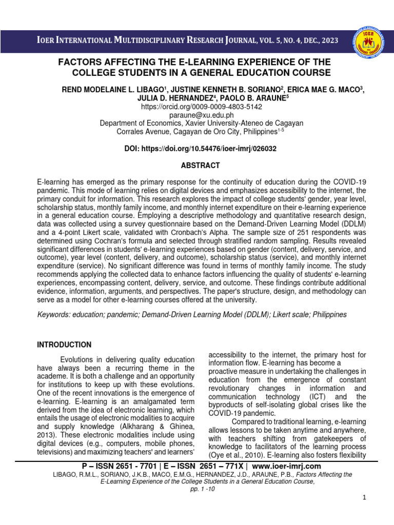 Factors Affecting The E-Learning Experience of The College Students in ...
