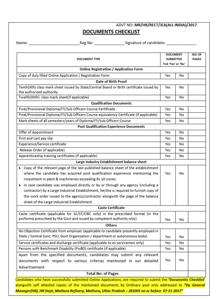 Documents Checklist: Document Type Document Submitted Tick Yes' or No ...