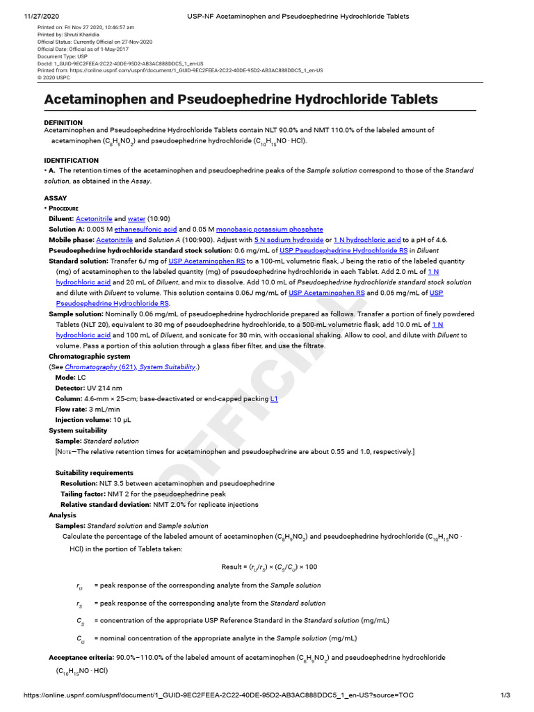 USP-NF Acetaminophen and Pseudoephedrine Hydrochloride Tablets | PDF | Magnesium | Chromatography