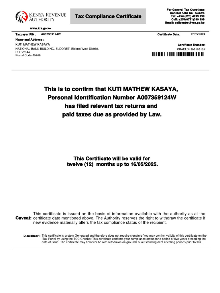Tax Compliance Certificate | PDF