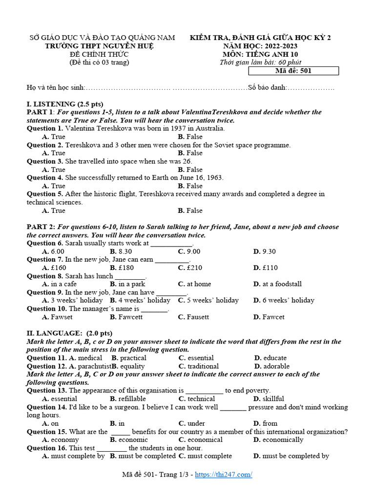 De Giua Hoc Ky 2 Tieng Anh 10 Nam 2022 2023 Truong THPT Nguyen Hue Quang Nam | PDF | Vietnam ...