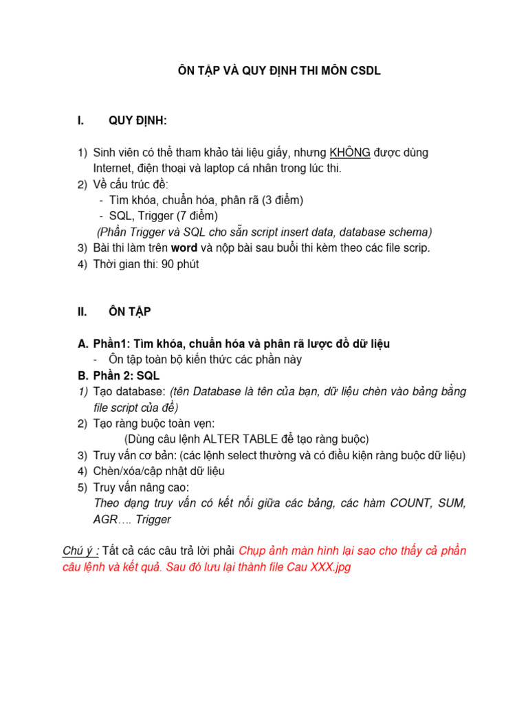 ÔN TẬP VÀ QUY ĐỊNH THI MÔN CSDL | PDF